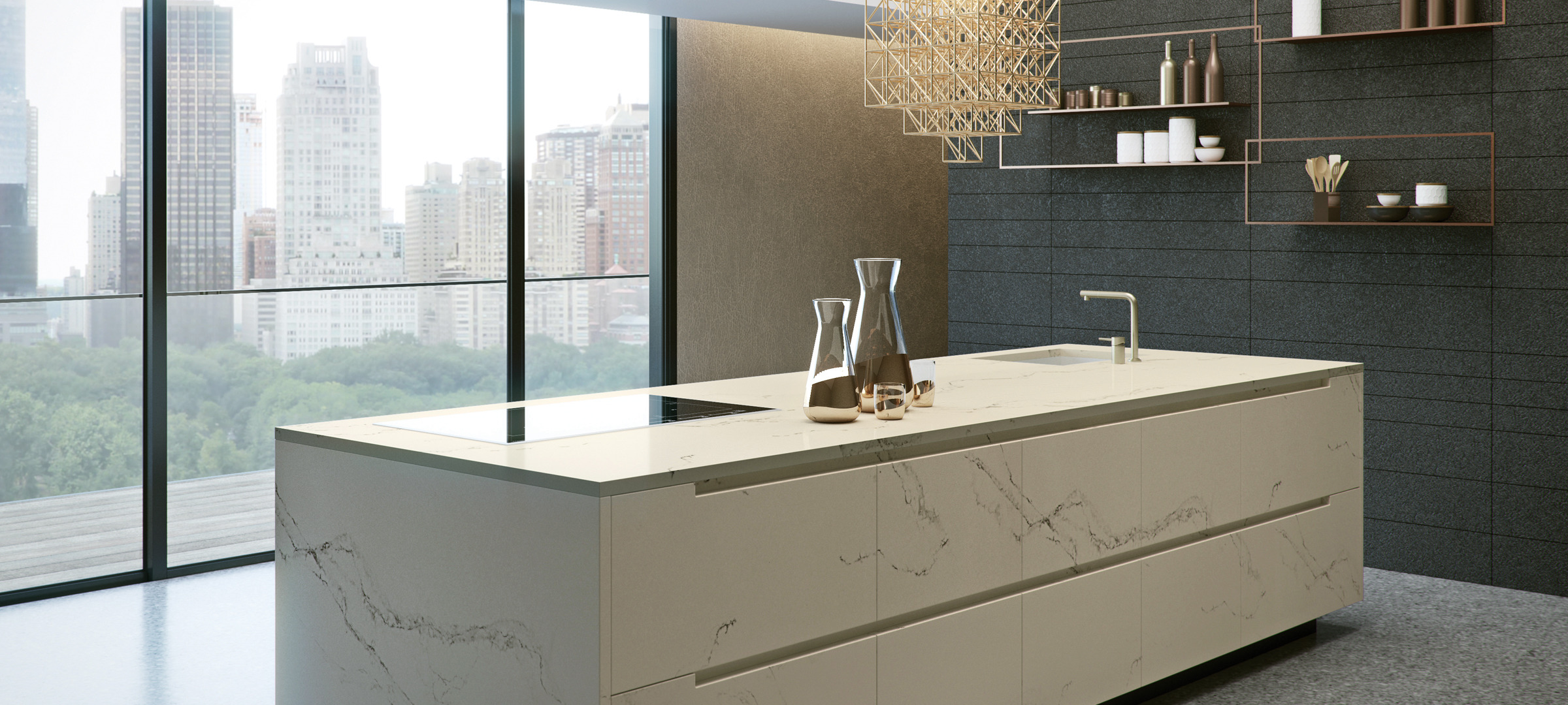Statuario Nuvo 20mm kvartskomposiit brändilt Caesarstone - Andrews Granite